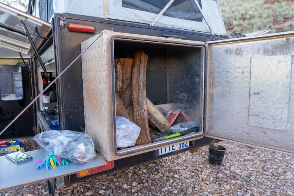 Firewood storage box on our Hybrid Caravan